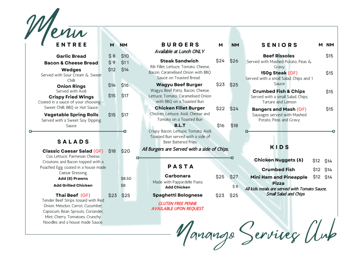 Nanango Services Club | Bistro Menu