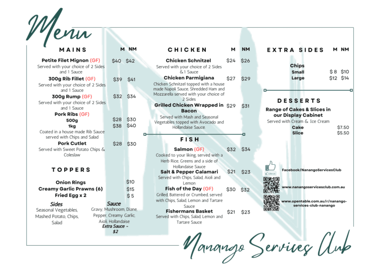 Nanango Services Club | Bistro Menu